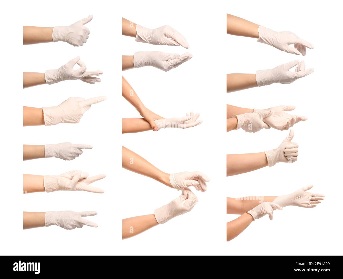 Gesturing hands in protective medical gloves on white background Stock ...