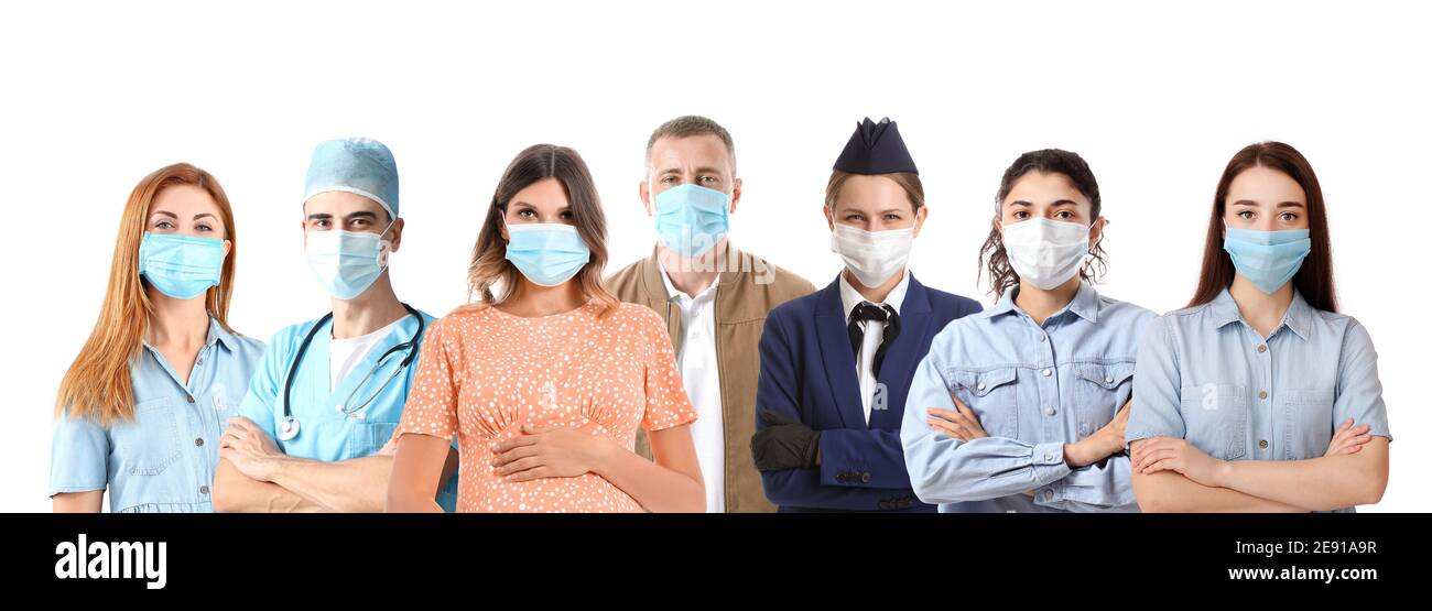 Collage of different people wearing protective masks on white ...