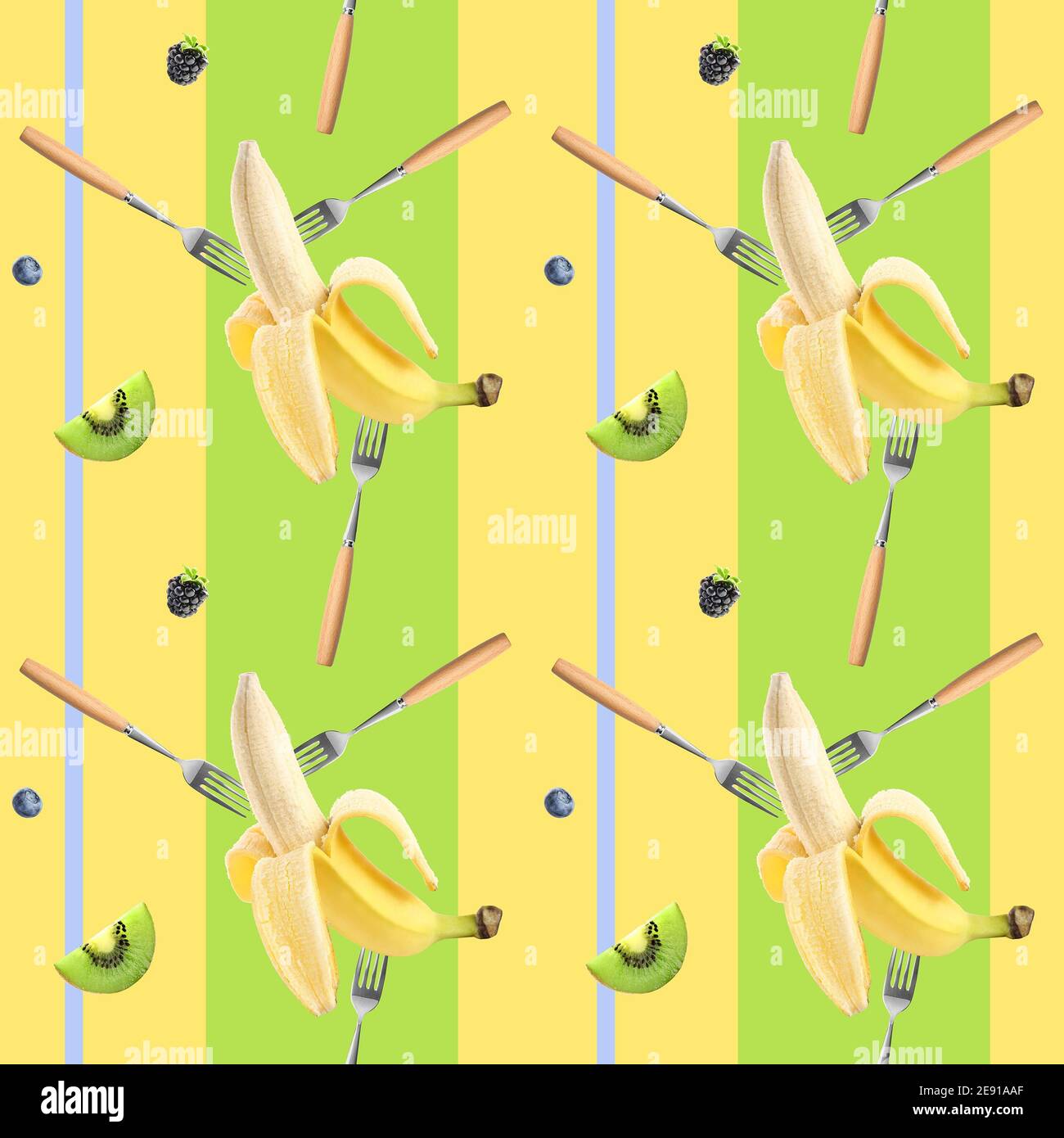 Collage of forks and different tasty fruits on color background Stock ...