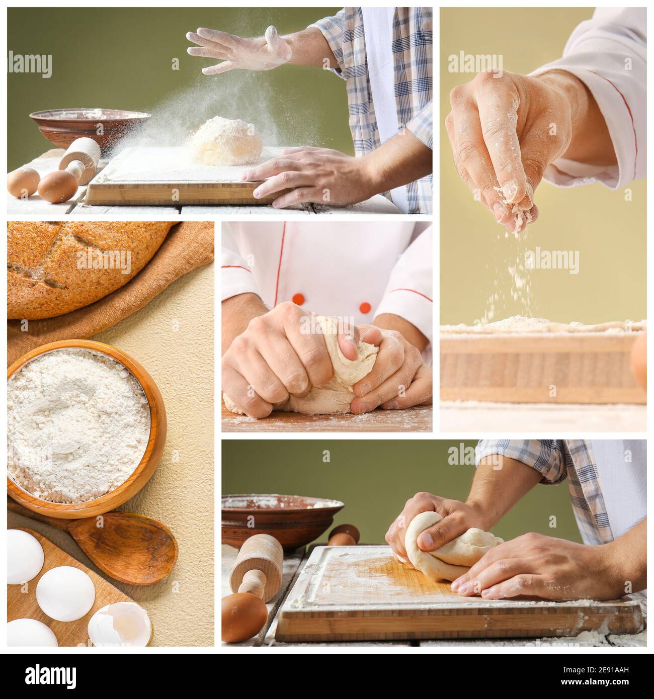 Collage of photos with man making dough in kitchen Stock Photo - Alamy