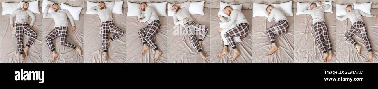 Young man sleeping in different positions in bed Stock Photo - Alamy