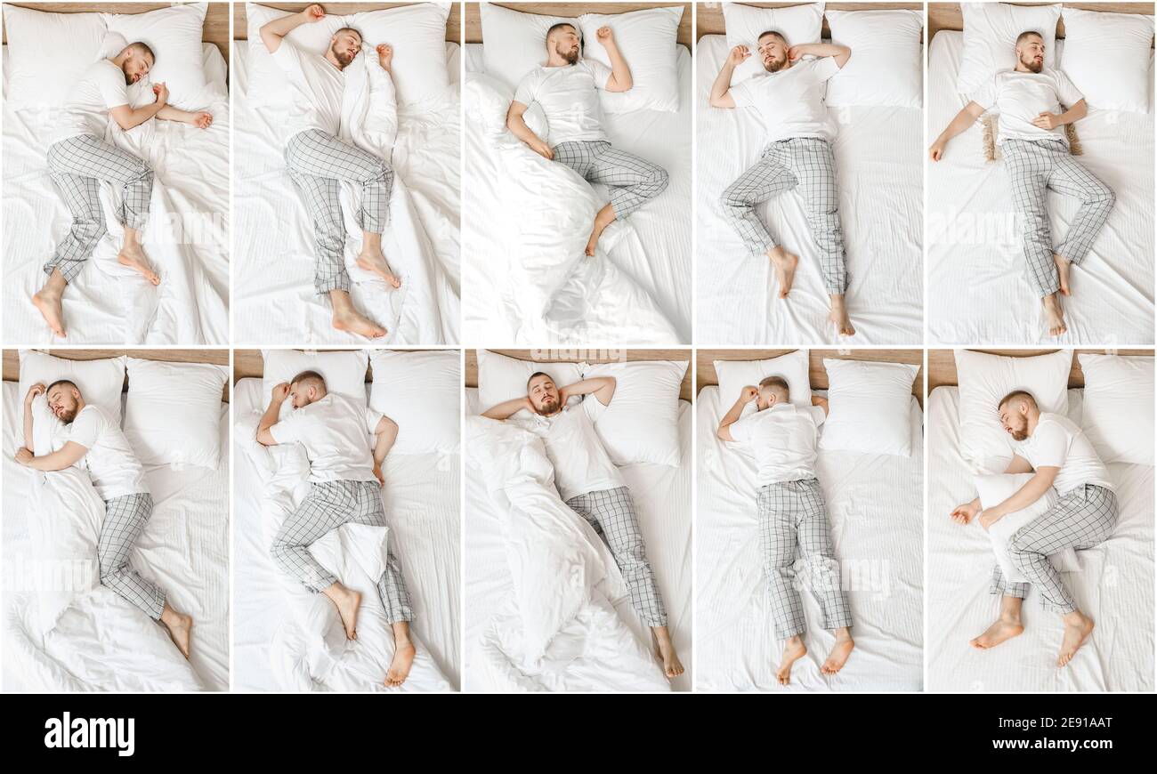 Young man sleeping in different positions in bed Stock Photo - Alamy