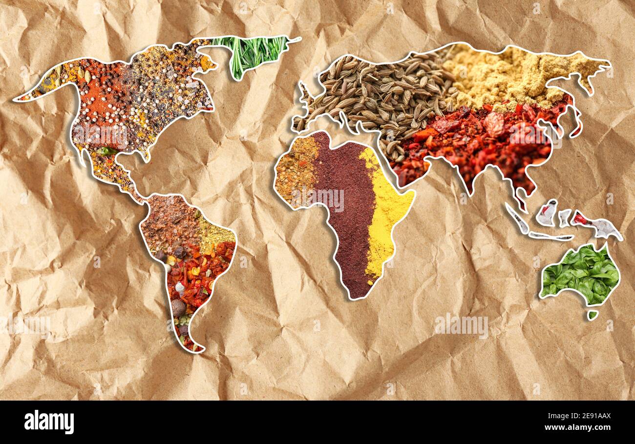 World map made of different spices on paper Stock Photo - Alamy