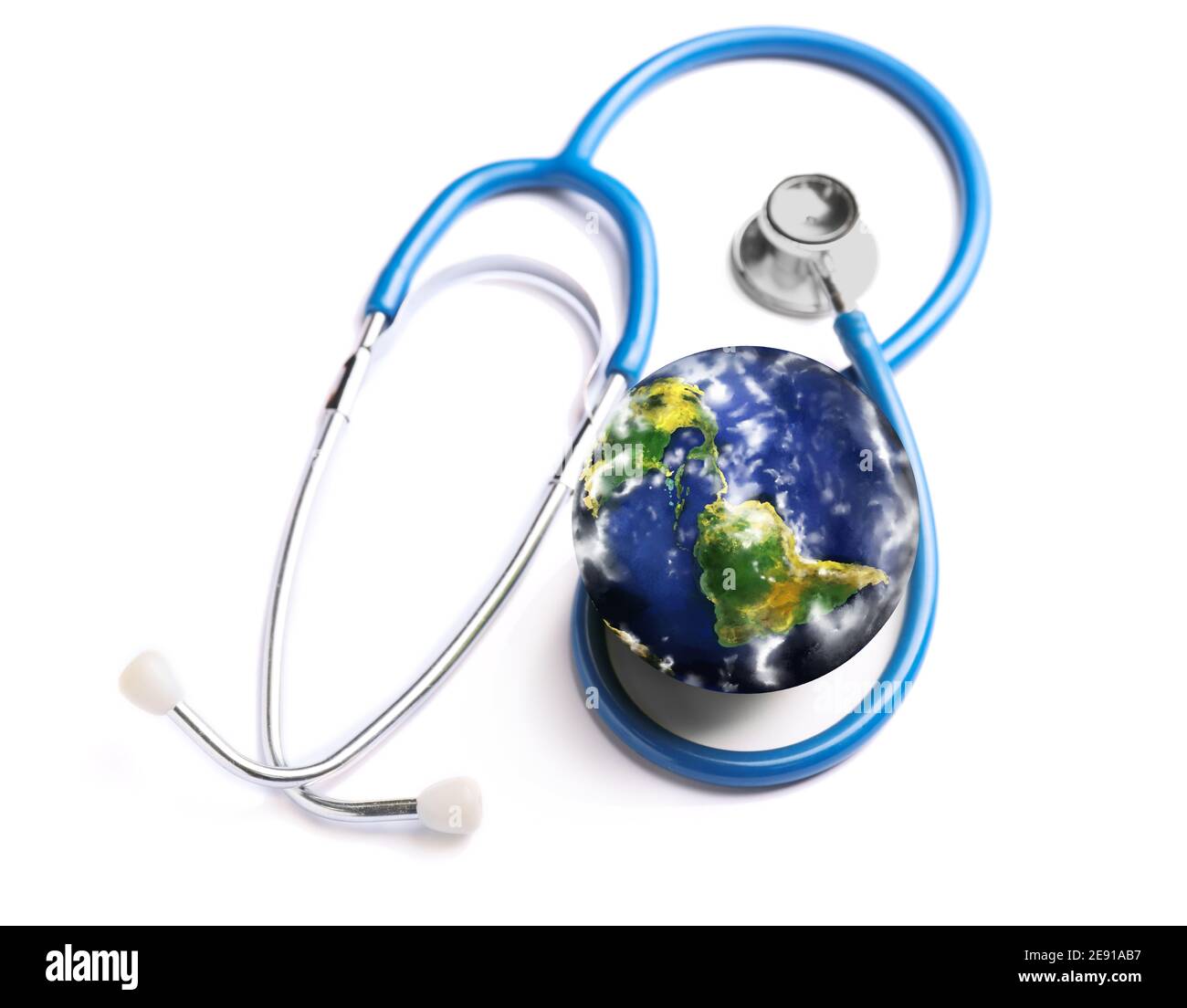 Stethoscope and model of Earth on white background. Ecology concept ...