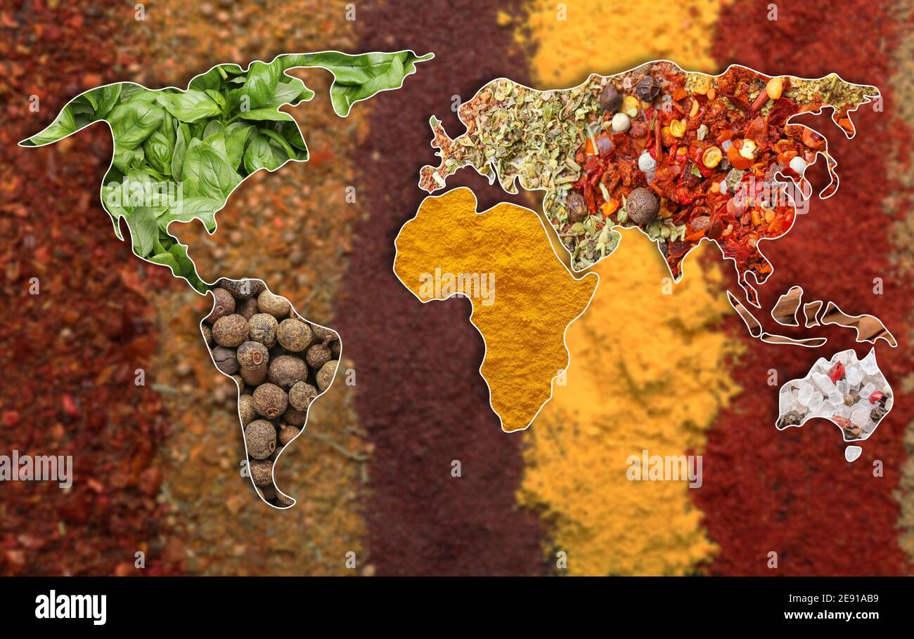 World map made of different spices Stock Photo - Alamy