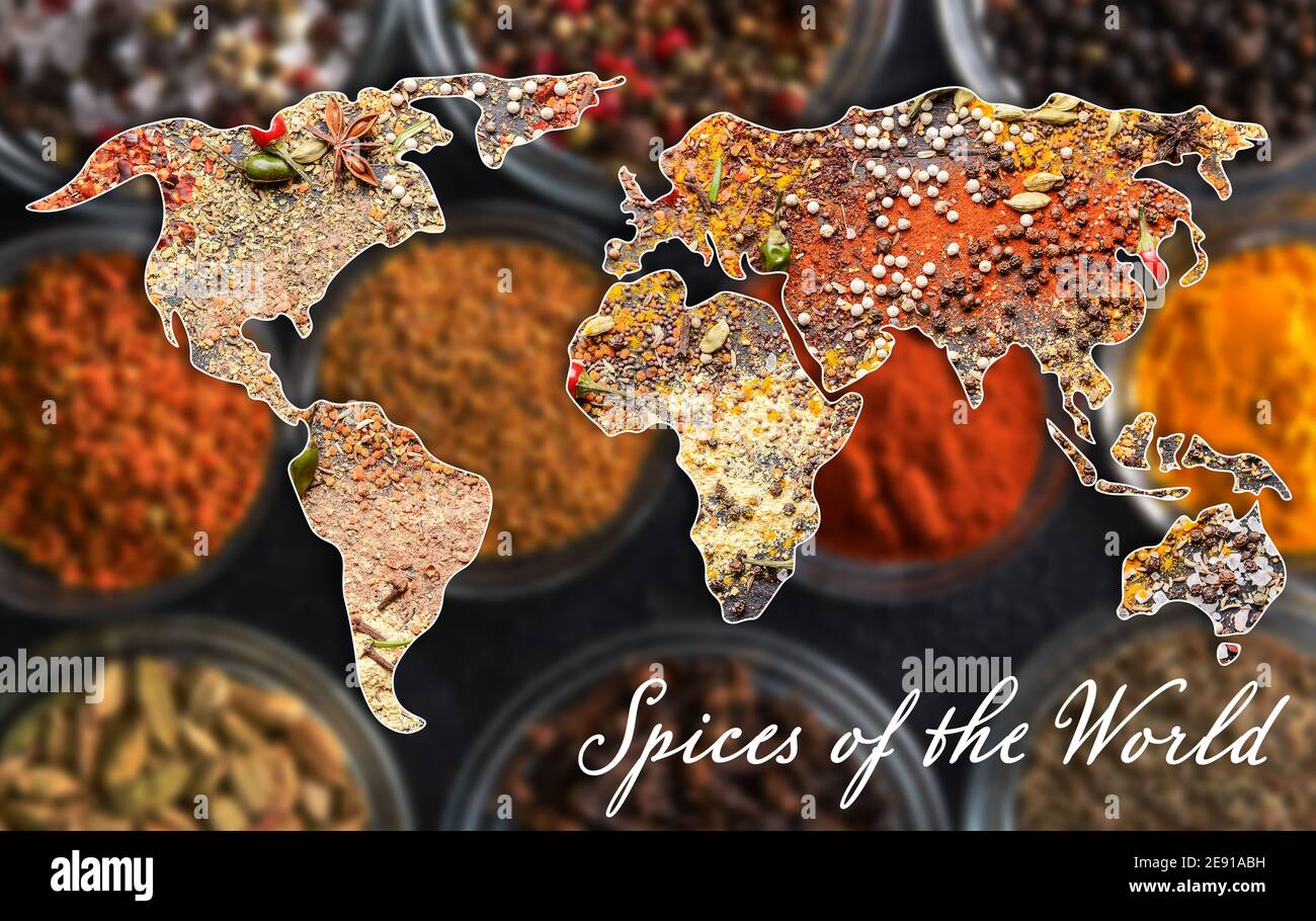 World map made of different spices Stock Photo - Alamy