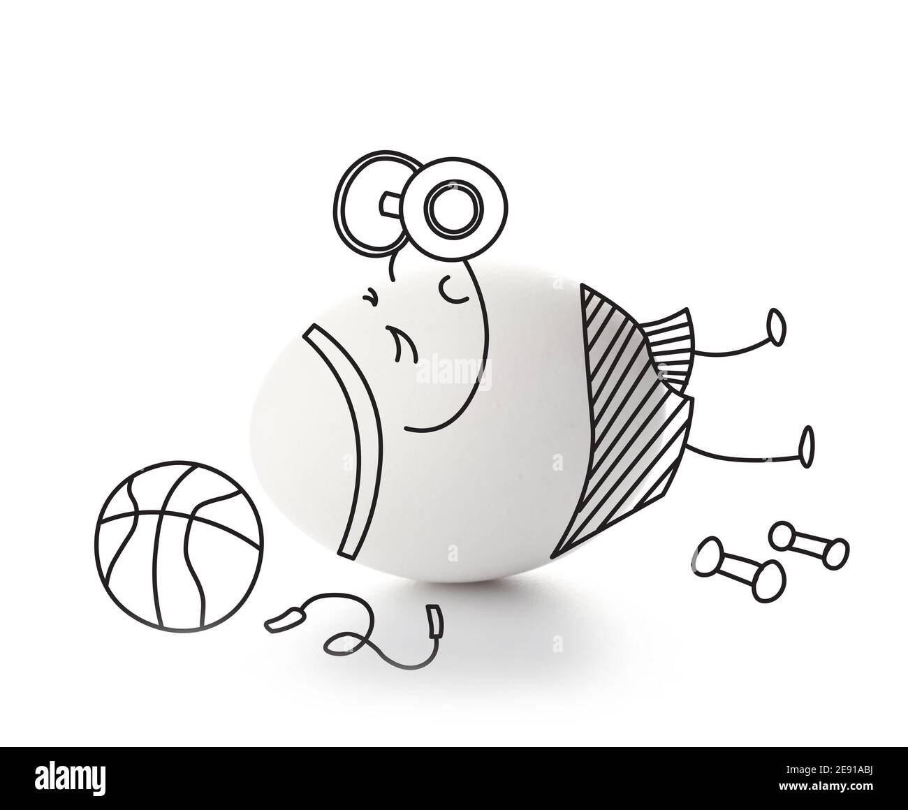 Funny chicken egg doing exercises on white background Stock Photo - Alamy
