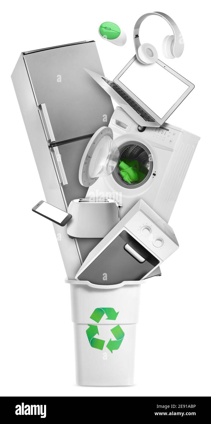 Different modern devices and gadgets falling into trash bin with ...