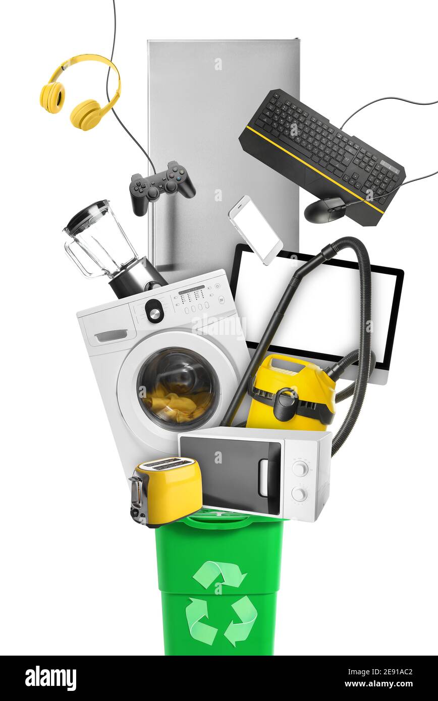Different modern devices and gadgets falling into trash bin with ...