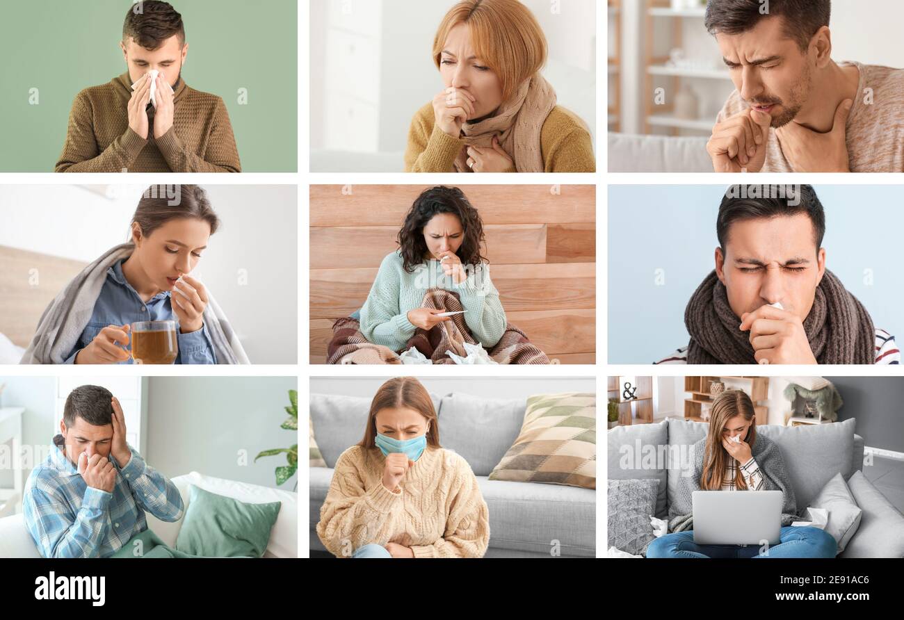Collage of different people ill with flu Stock Photo - Alamy