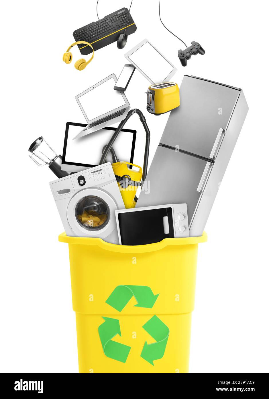 Different modern devices and gadgets falling into trash bin with ...