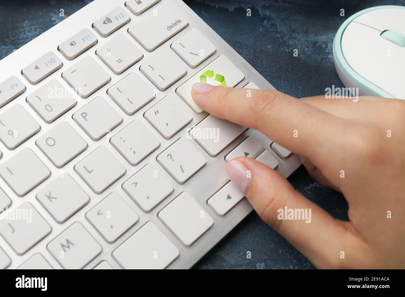 Woman pressing key on keyboard, closeup. Ecology concept Stock Photo ...