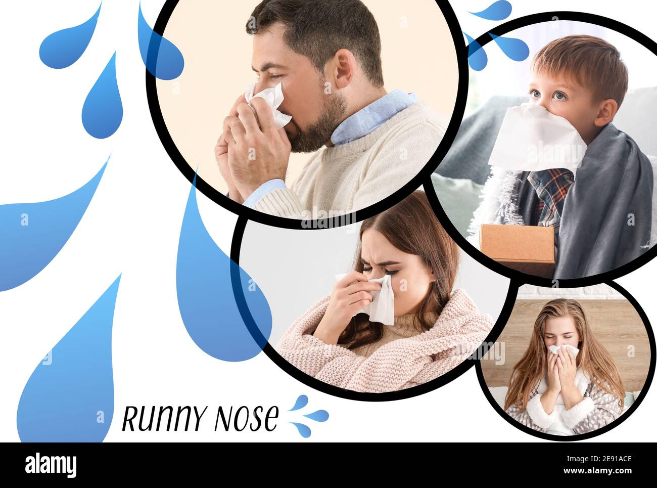 Collage of sick people blowing their noses on white background Stock ...