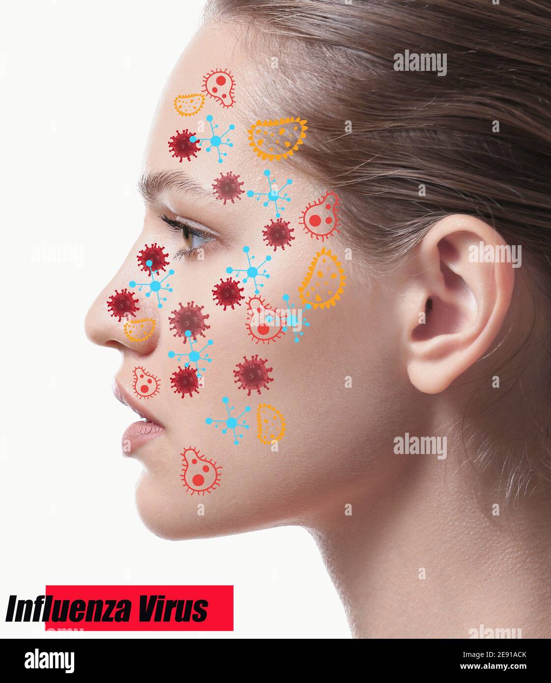 Young woman with influenza viruses on her face against white background ...