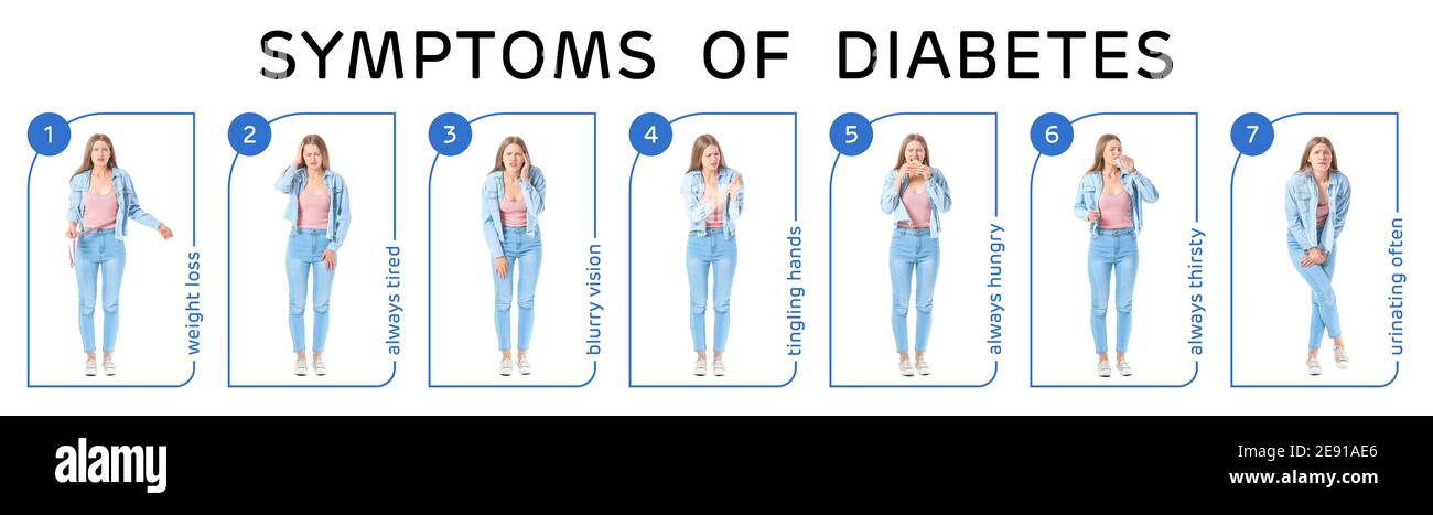 Young woman with diabetes symptoms on white background Stock Photo - Alamy