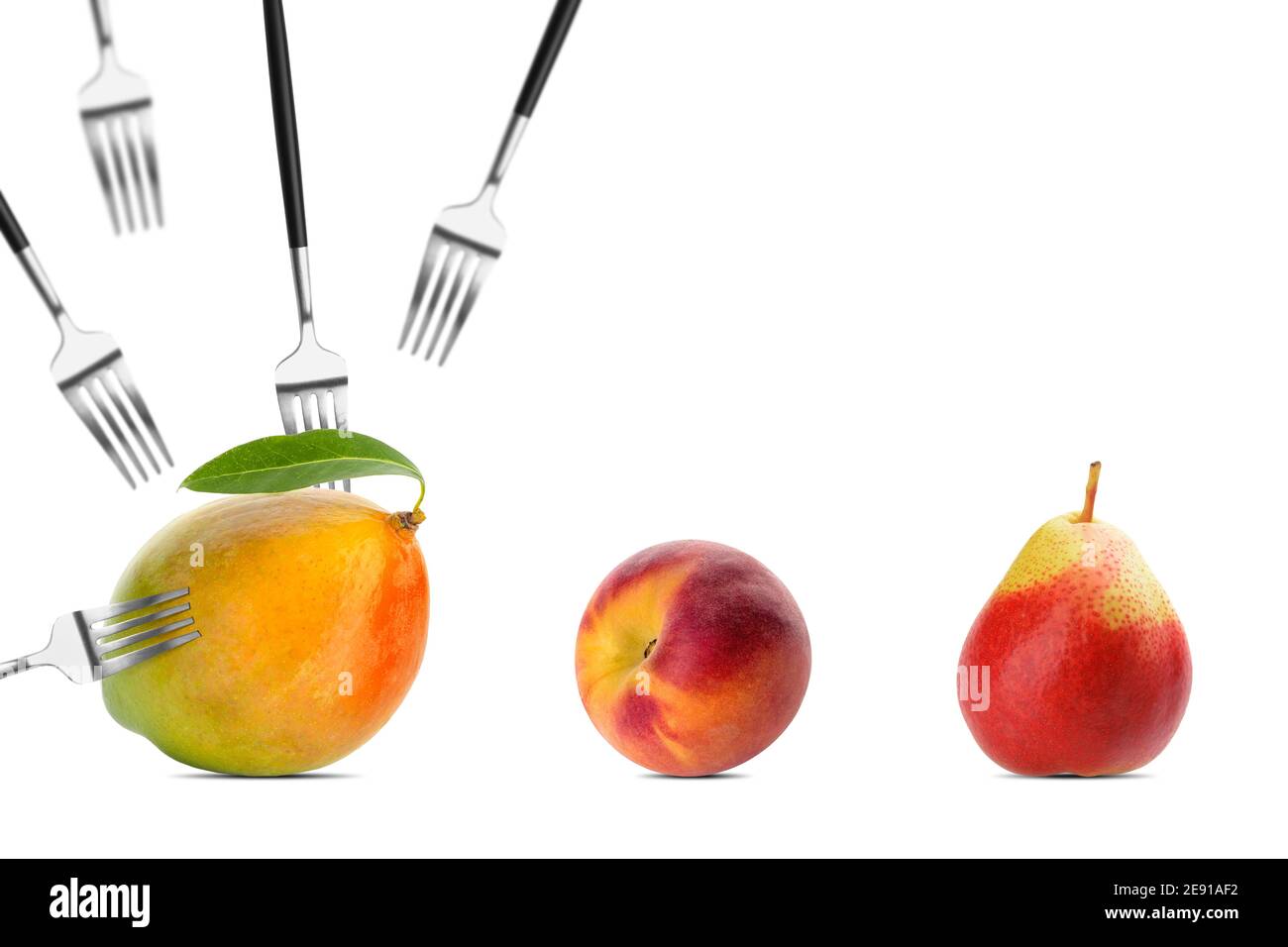 Many forks and different fruits on white background Stock Photo - Alamy