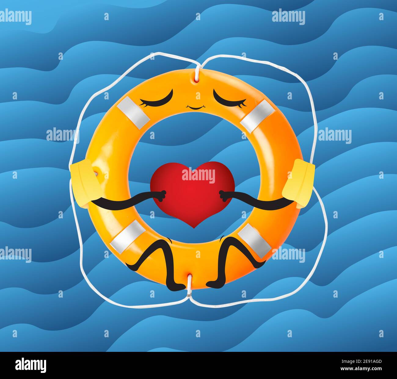 Funny lifebuoy with heart in drawn sea Stock Photo - Alamy
