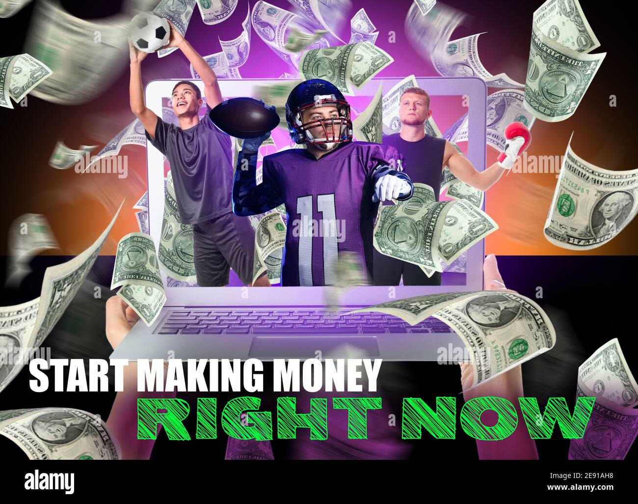 Sportsmen on screen of laptop and flying dollar banknotes on dark ...