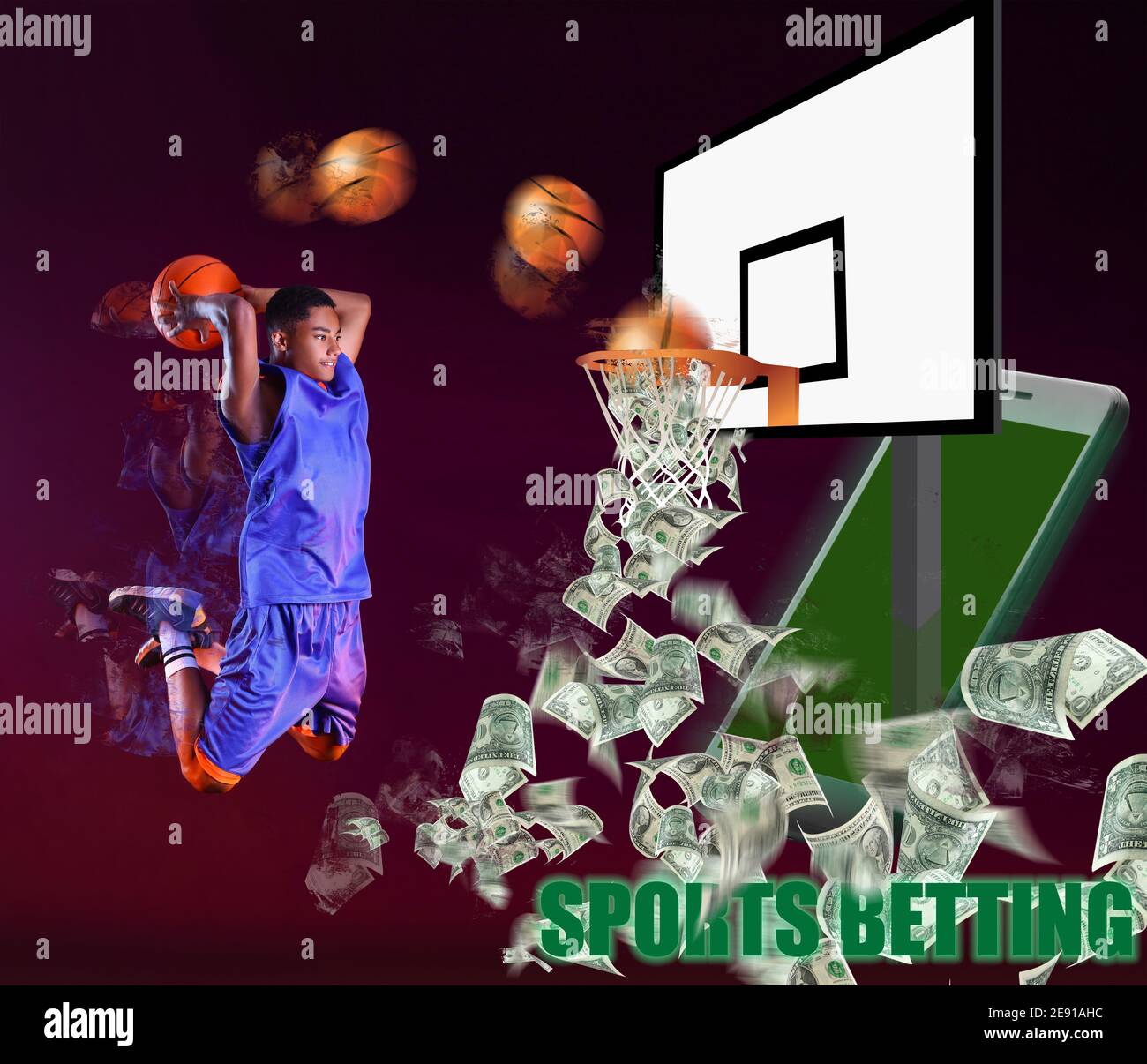 Jumping African-American player near basketball hoop with falling ...