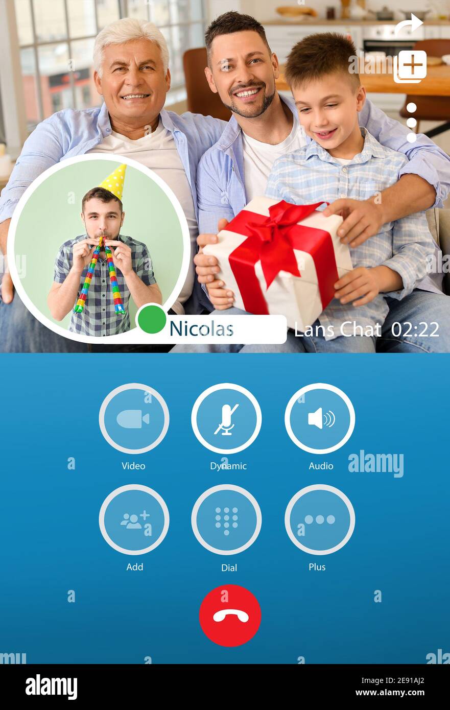 Happy family video chatting during Birthday celebration at home Stock ...