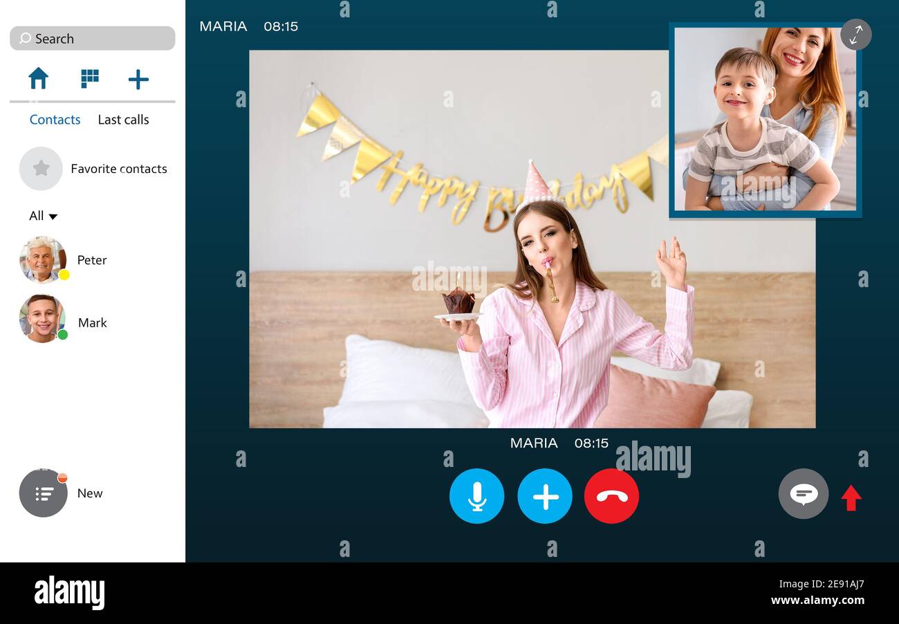 Happy family video chatting during Birthday celebration at home Stock ...