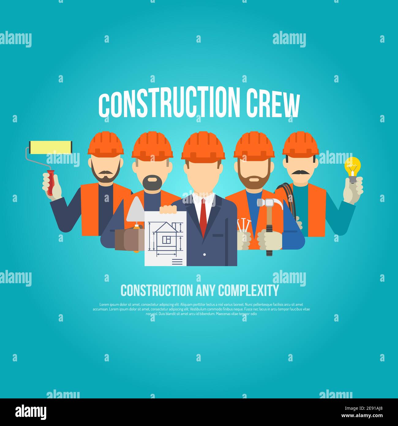 Builders engineers and work men in hard hats concept flat vector ...