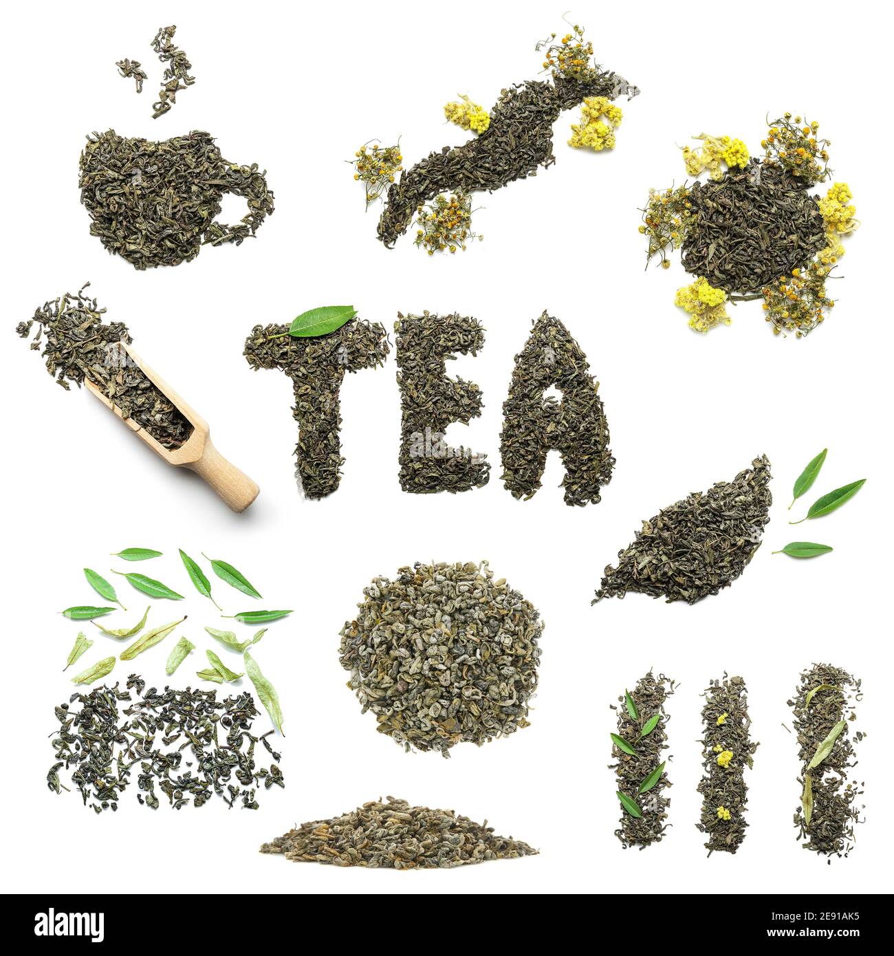 Collage of dry tea leaves on white background Stock Photo - Alamy