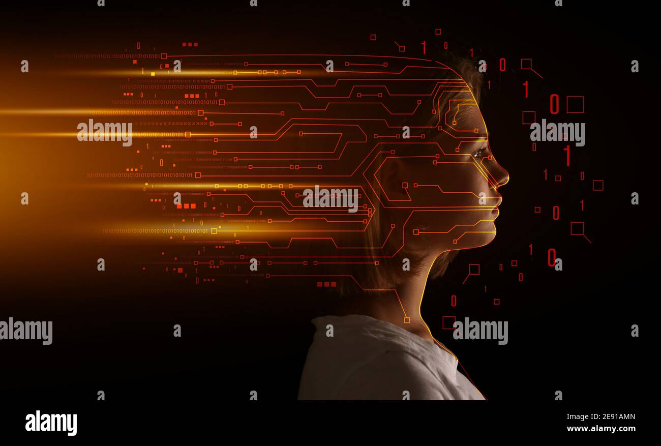 Portrait of young woman on dark background. Concept of computer science ...