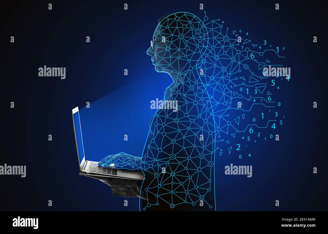 Portrait of young woman with laptop on dark background. Concept of ...