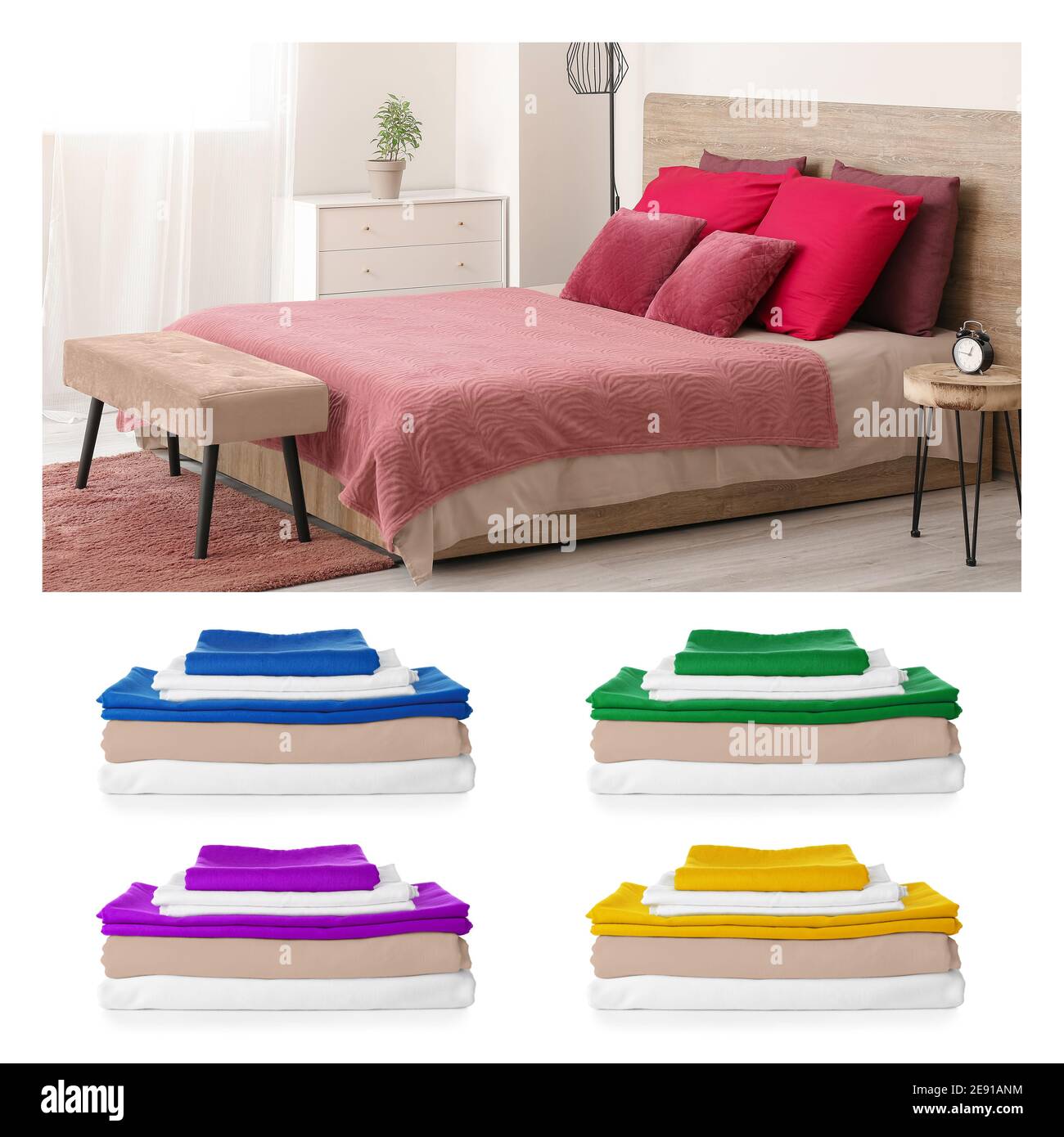 Interior of modern bedroom and set of stylish bedding in different ...