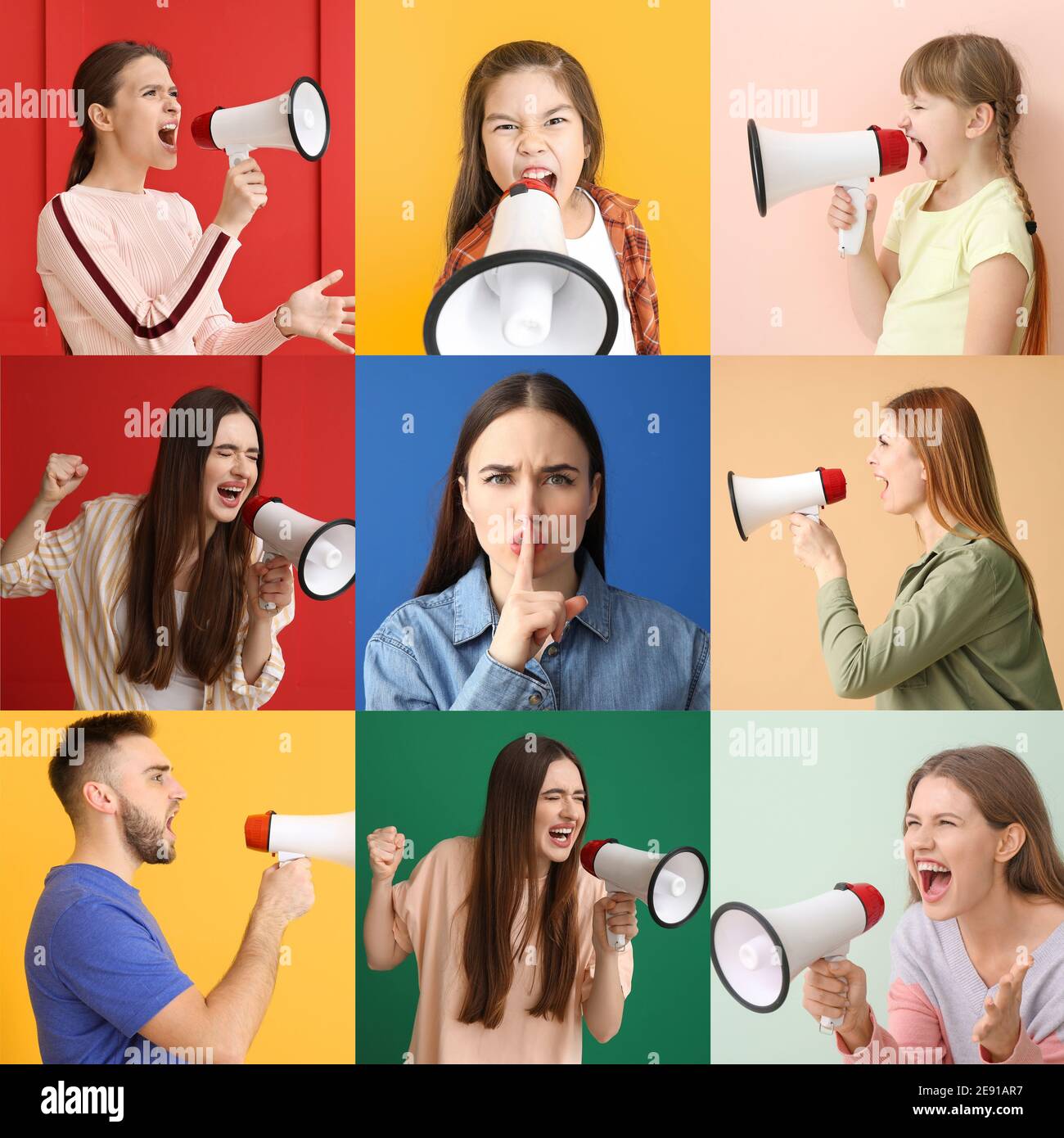 Screaming people with megaphone and woman showing silence gesture on ...