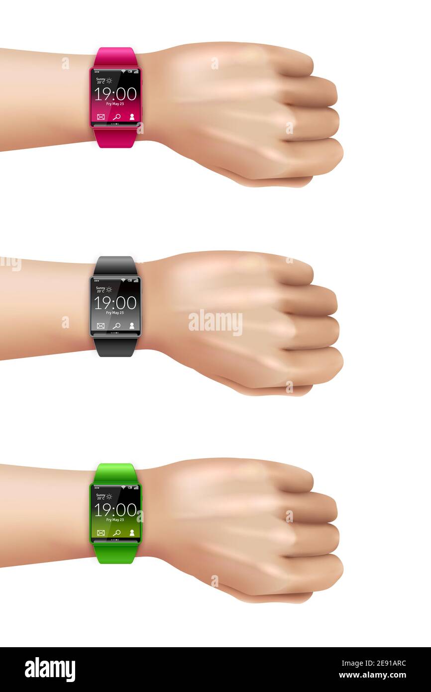 Smart wrist multimedia watch gadget on hand realistic color decorative ...