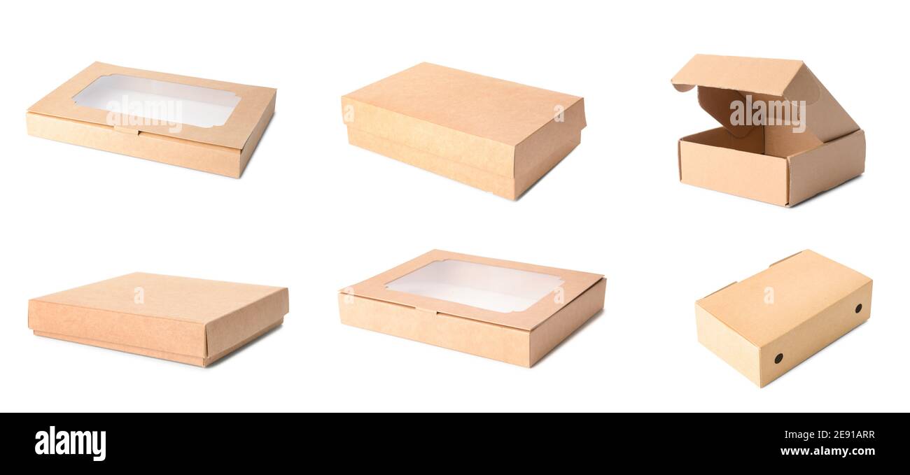 Set of cardboard boxes on white background Stock Photo - Alamy