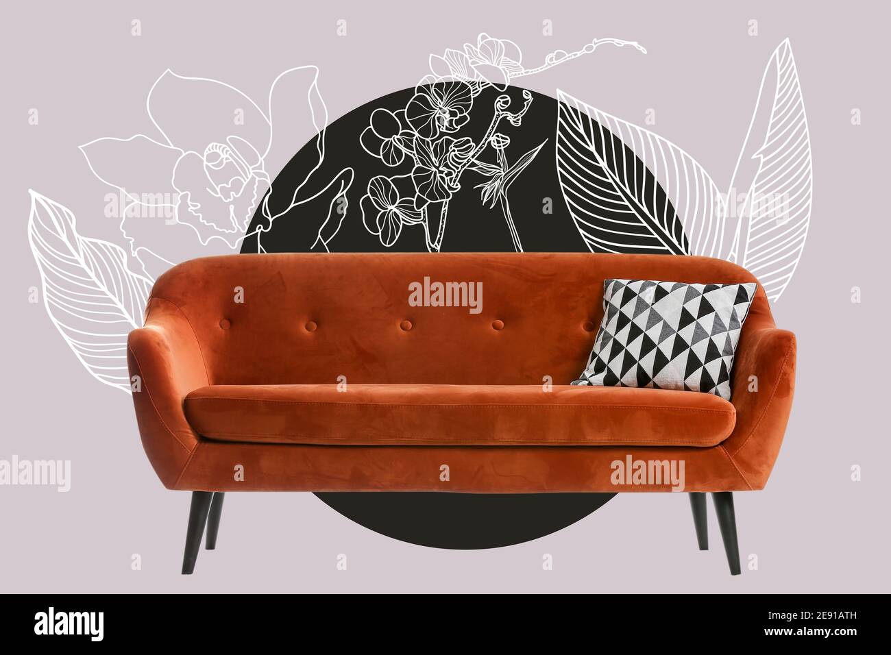 Stylish sofa on grey background with drawn tropical plants Stock Photo ...