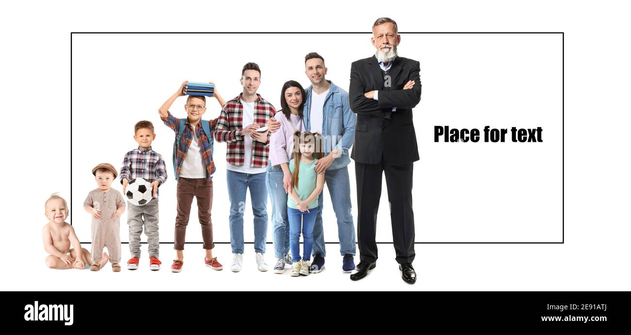 Many people of different ages on white background with space for text ...