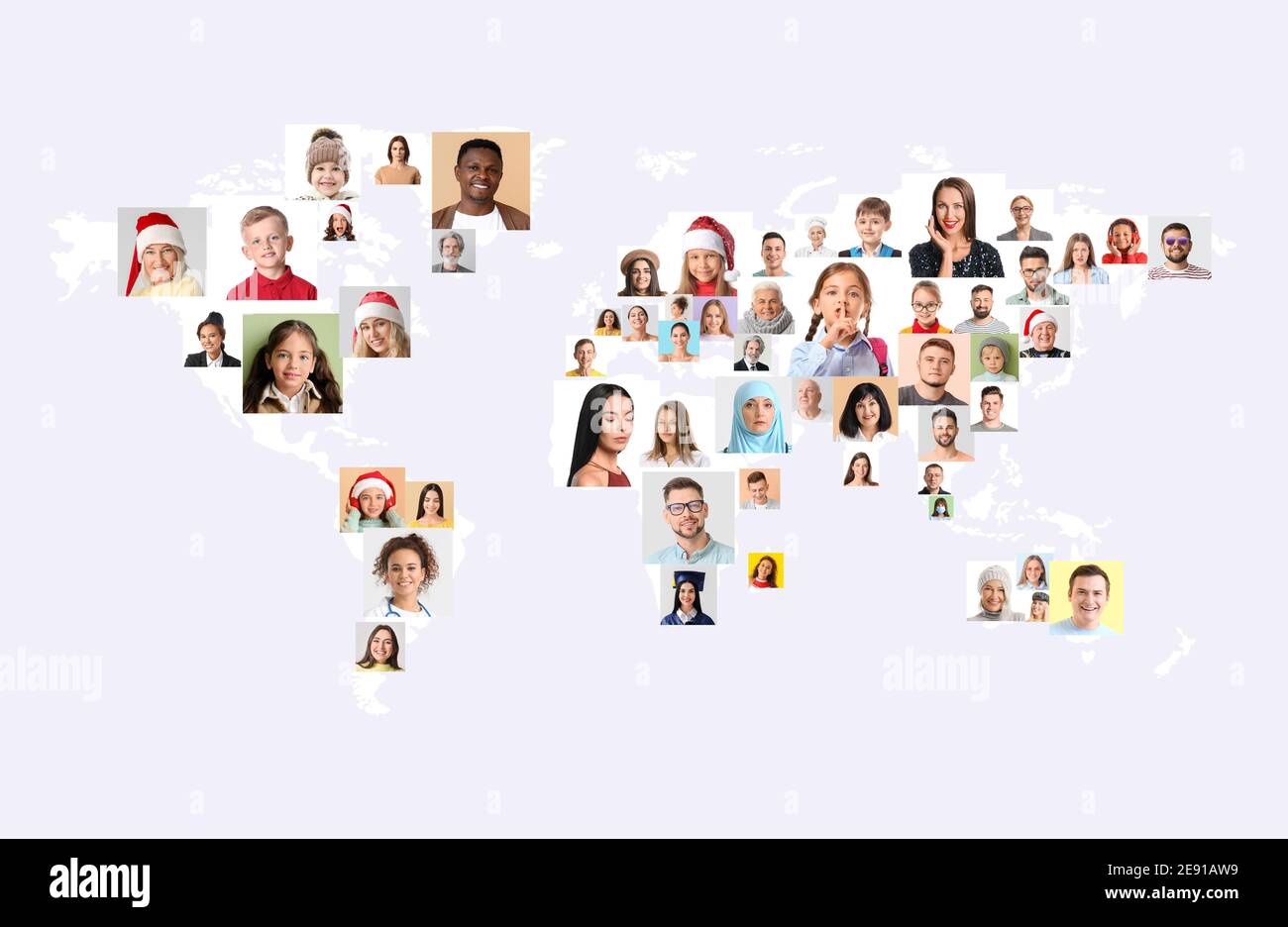 Collage of different people from around world on grey background Stock ...