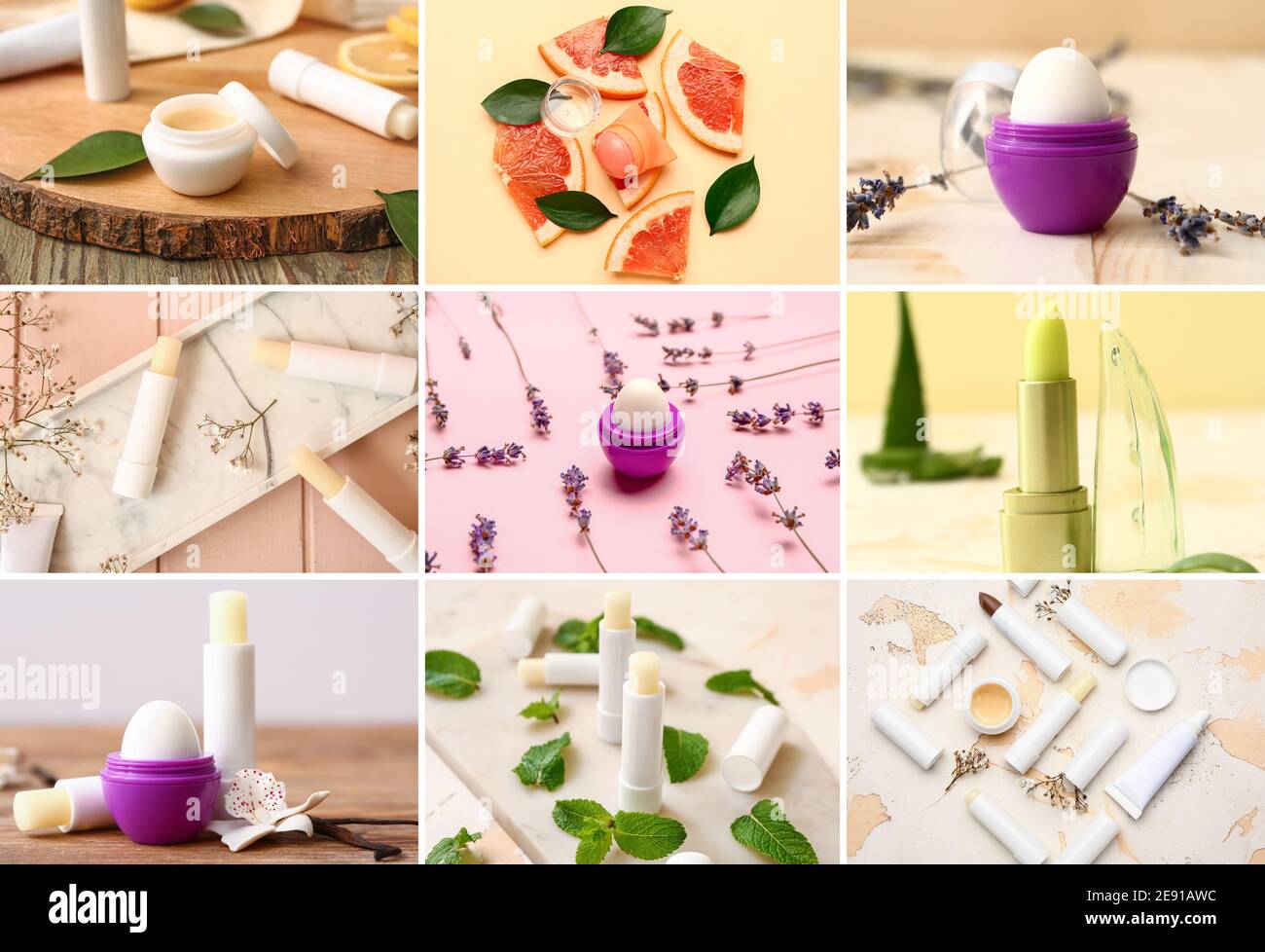 Collage of different lip balms Stock Photo - Alamy