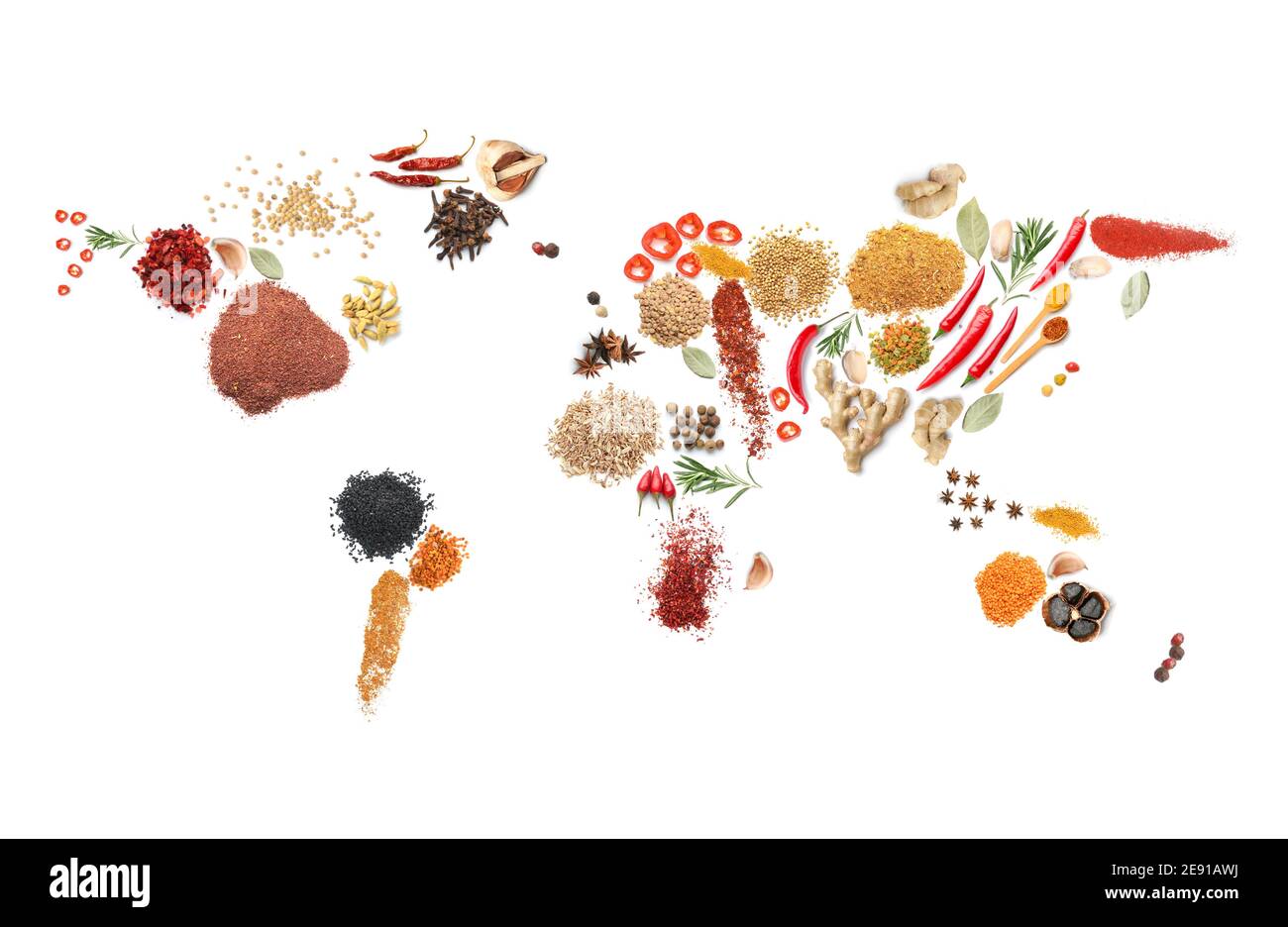 World map made of different spices on white background Stock Photo - Alamy
