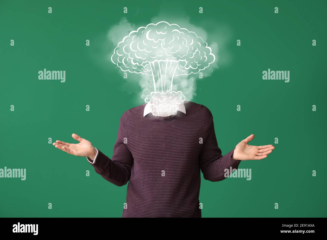 Young man with atomic bomb explosion instead of head on color ...