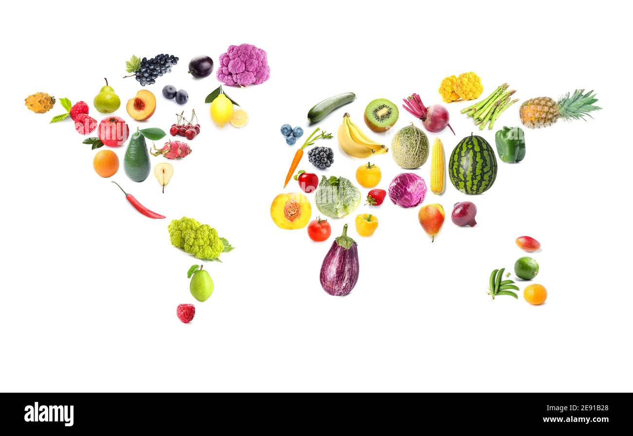 World map made of different fruits and vegetables on white background ...