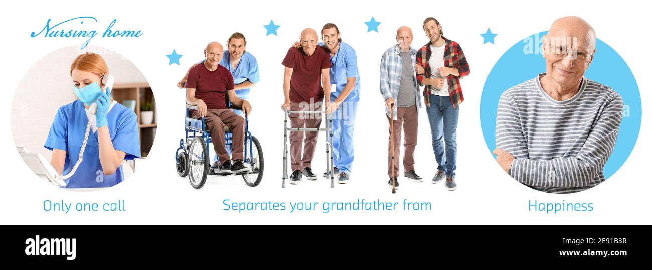 Collage of elderly man with caregiver on white background. Concept of ...