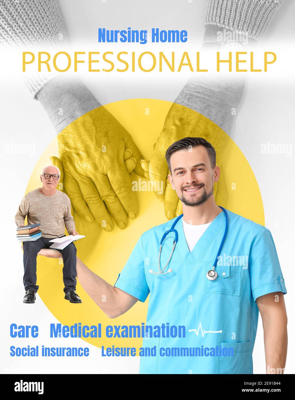 Collage of elderly man with young caregiver. Concept of nursing home ...