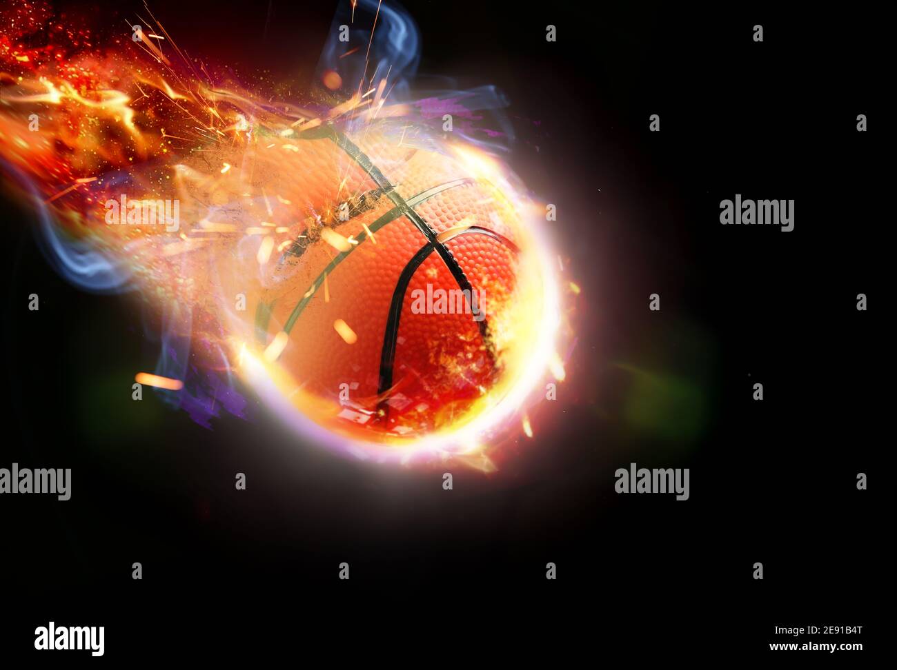 Flying burning ball for playing basketball on dark background Stock ...
