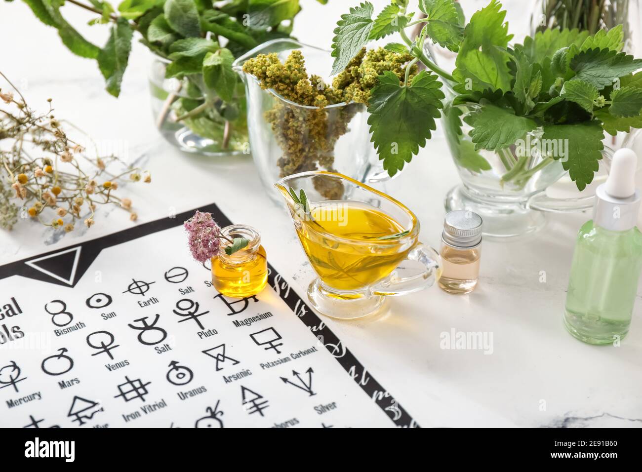 Alchemical symbols and ingredients for preparing potions on white ...