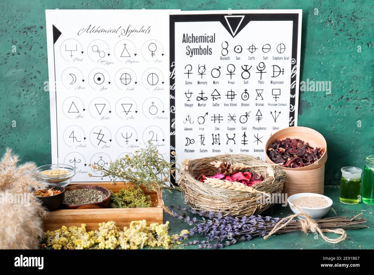 Alchemical symbols and ingredients for preparing potions on color ...