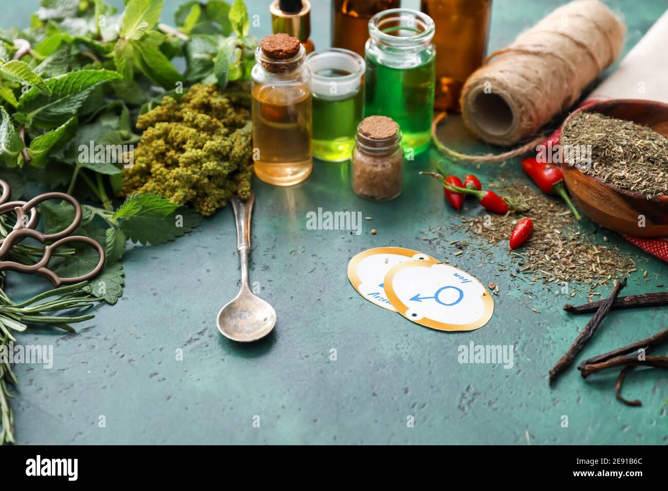 Alchemical symbols and ingredients for preparing potions on color ...