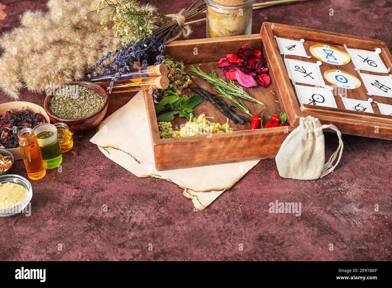 Alchemical symbols and ingredients for preparing potions on color ...