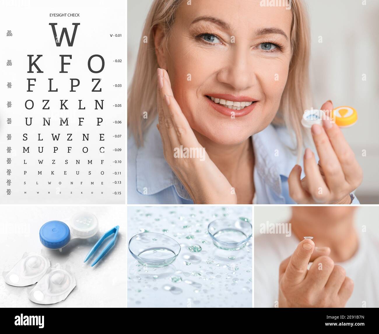 Collage of mature woman with contact lenses and eye test chart Stock ...
