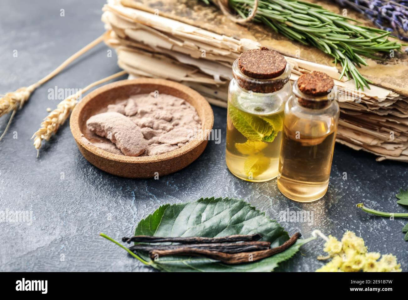 Ingredients for preparing potions on dark background Stock Photo - Alamy