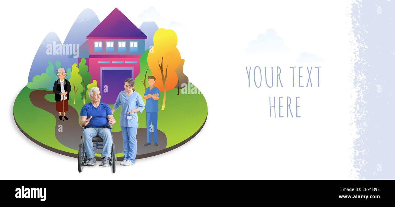 Collage of elderly man with caregiver walking near nursing home Stock ...
